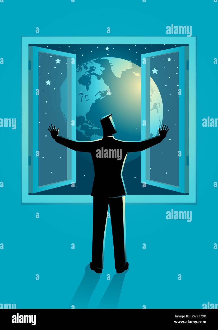 Vector illustration of a man opening the window to see the world Stock ...