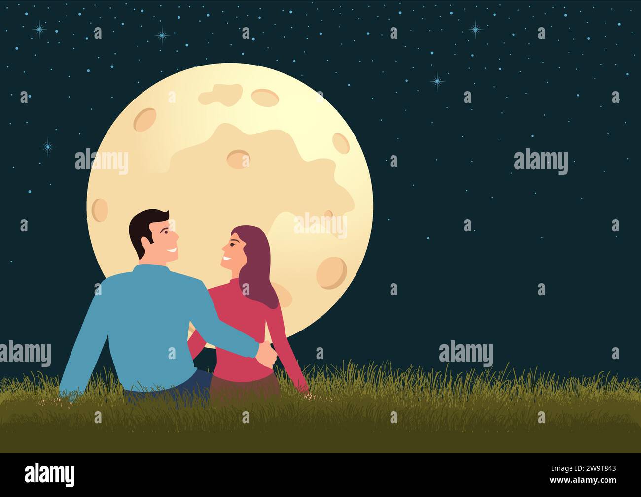 Simple flat vector illustration of couple sitting on grass during full ...