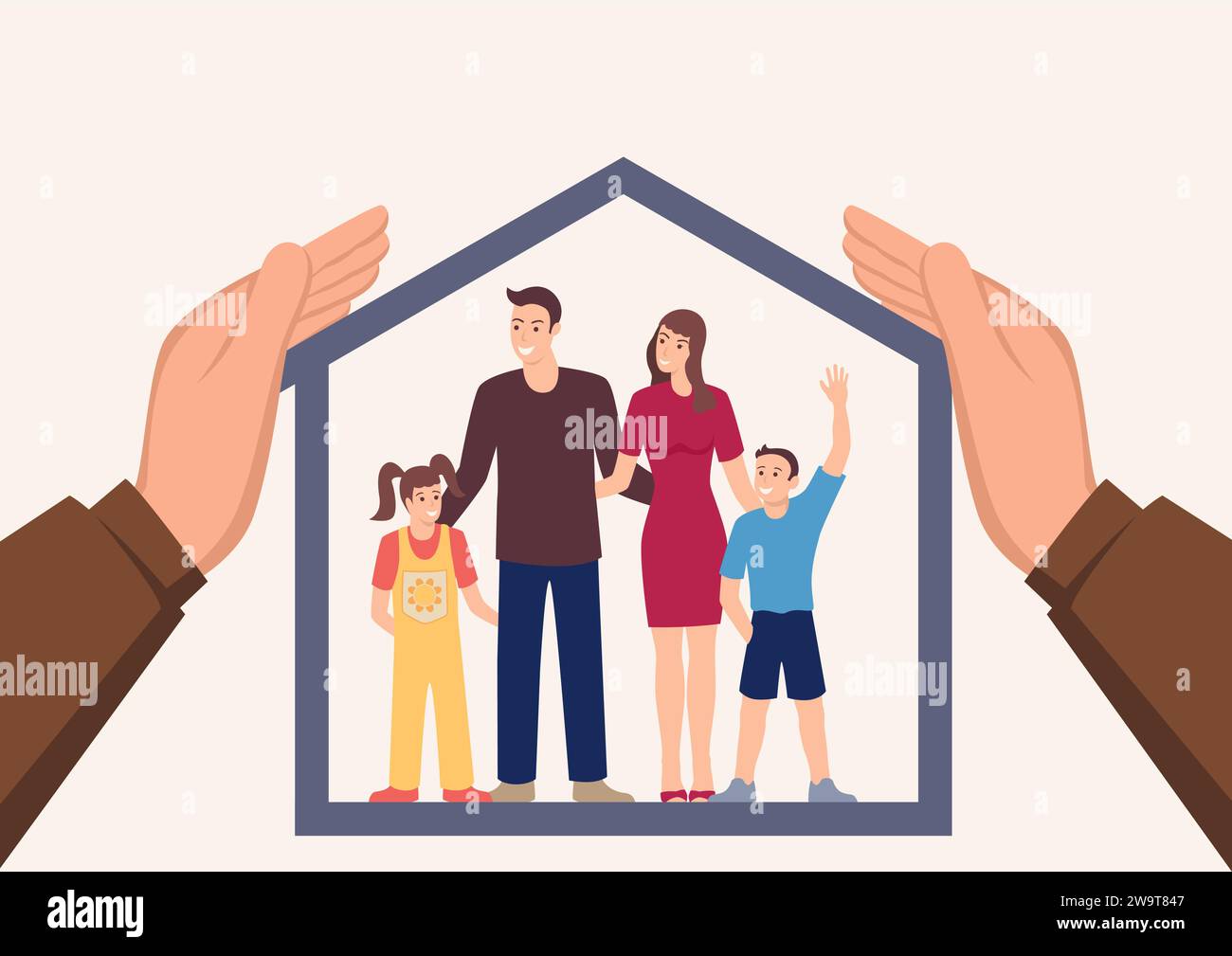 Simple flat vector illustration of big hands covering a house with ... Simple flat vector illustration of big hands covering a house with ...