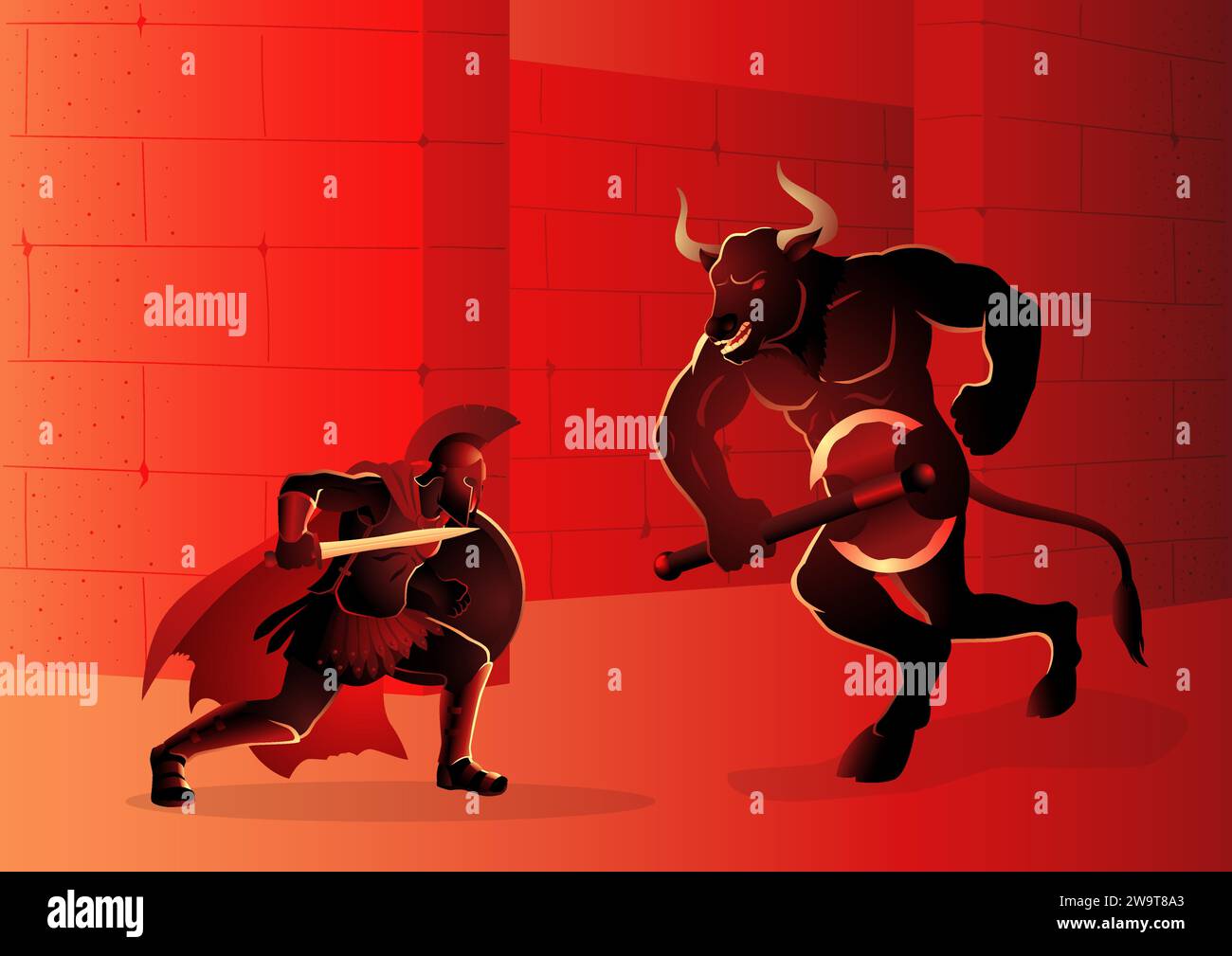Vector Illustration Of Theseus Vs Minotaur Greek Mythology Series Stock Vector Image And Art Alamy