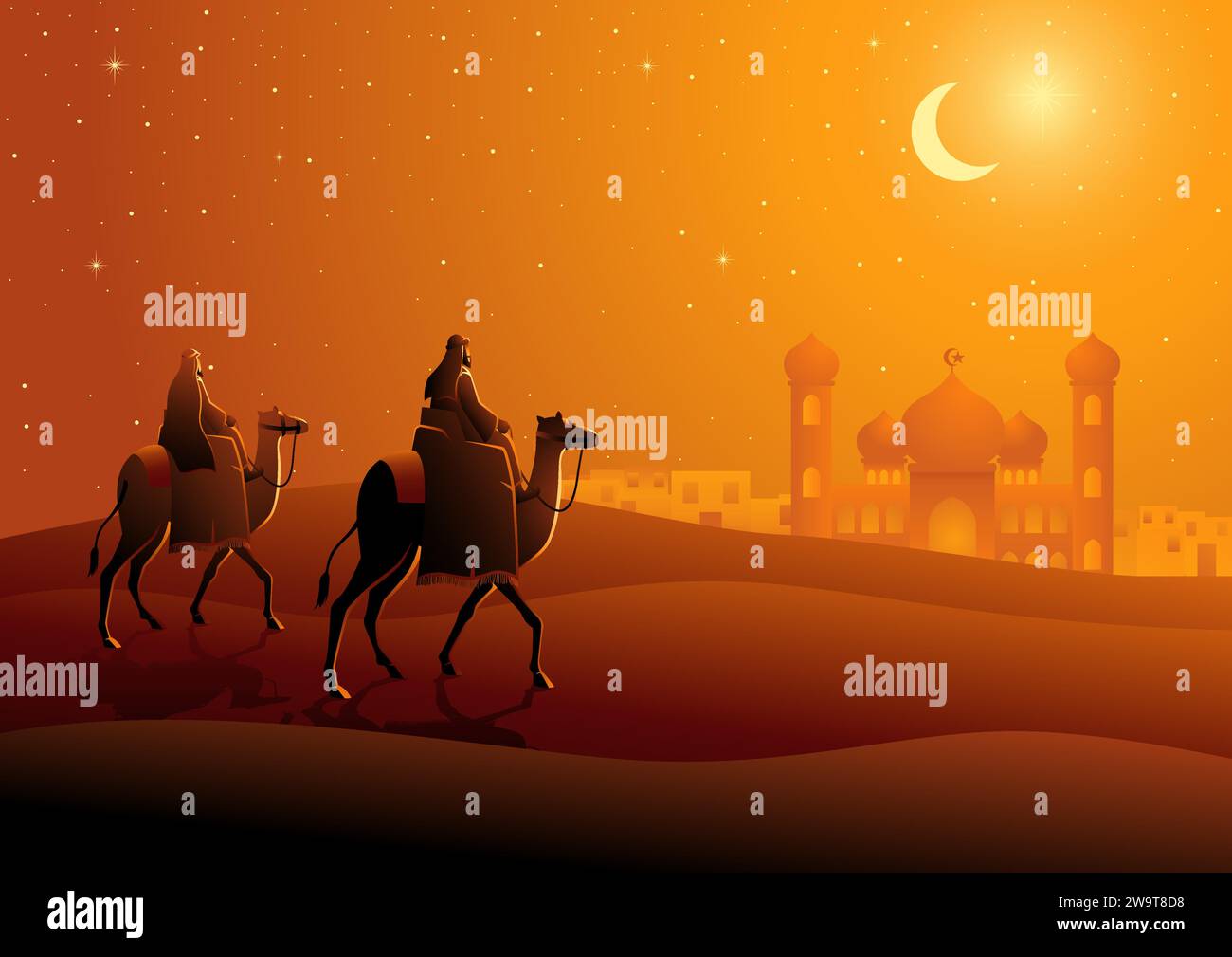 Vector illustration of two Arab men riding camels in the desert, night ...