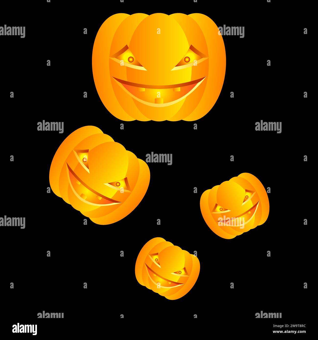 Flying angry and scary yellow cartoon pumpkins on a black background ...