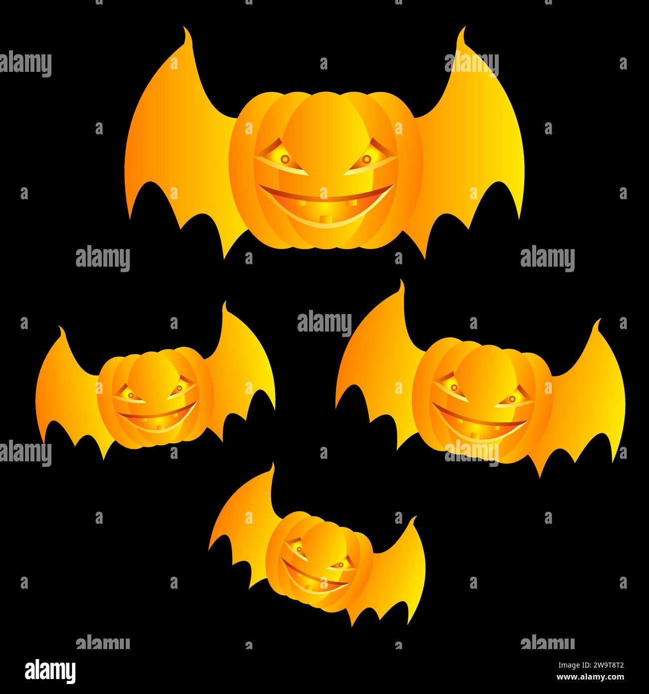 Flying angry and scary cartoon pumpkins with bats wings on a black ...