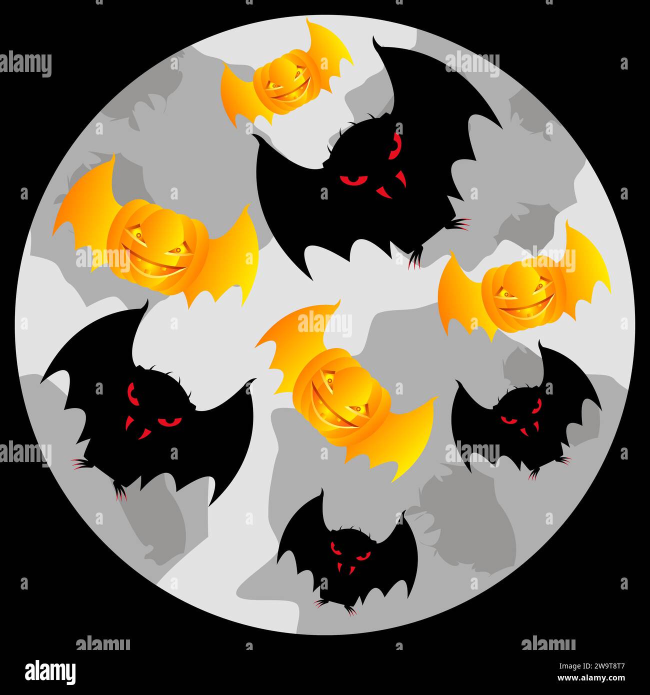 Halloween theme. A flock of bats and pumpkins with wings on the ...