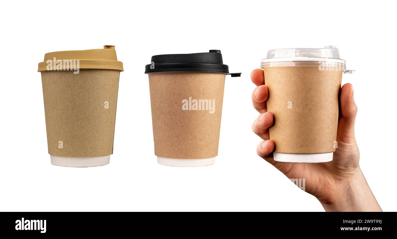 Hand holding kraft paper coffee cup, takeaway coffe mugs, isolated on ...