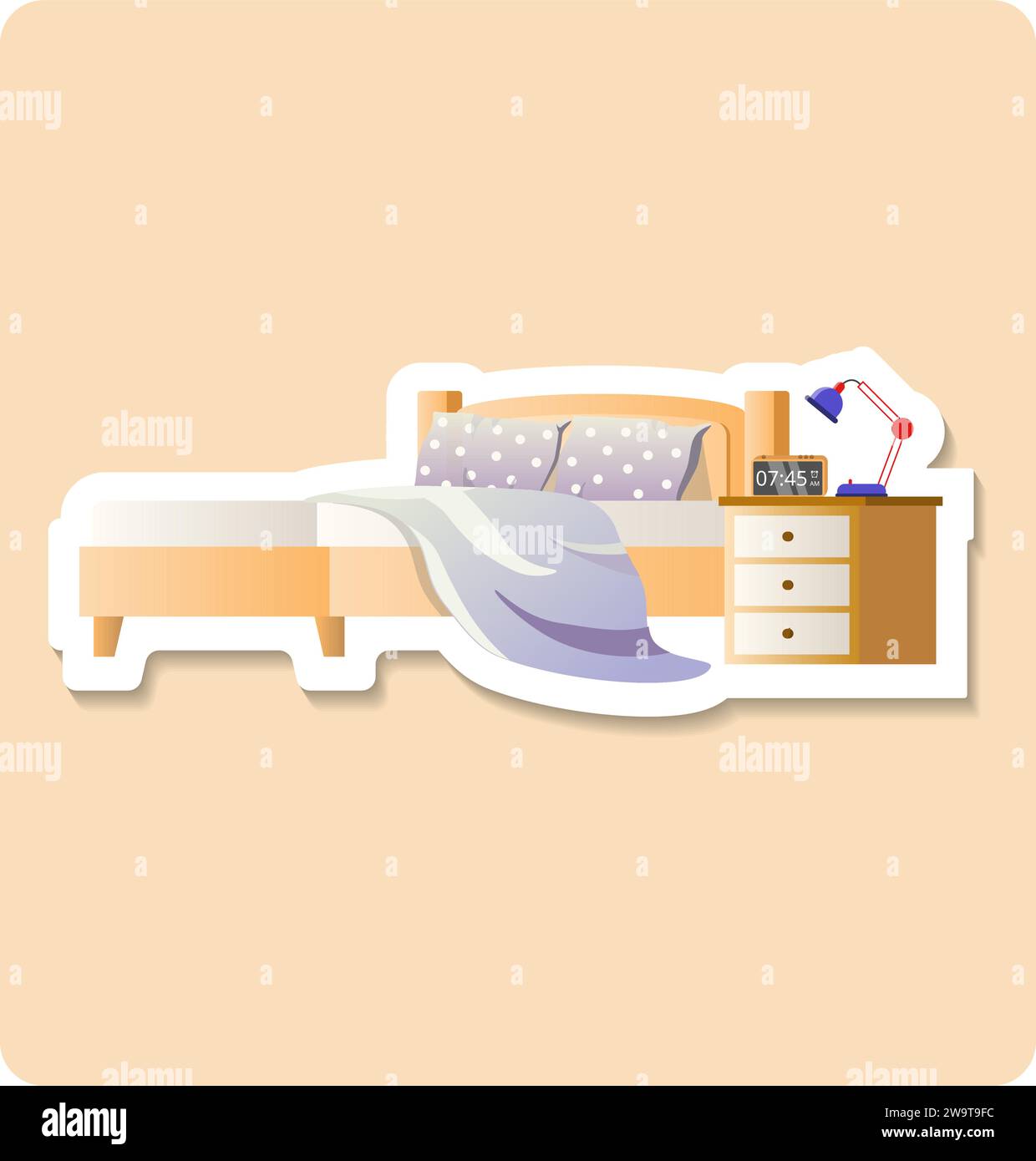 Bed sticker illustration. Bed, pedestal, pillows, blanket. Editable ...