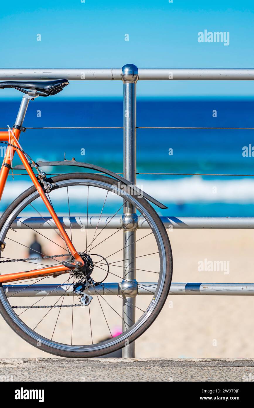 The back half of a road bicycle against a steel railing with Bondi ...