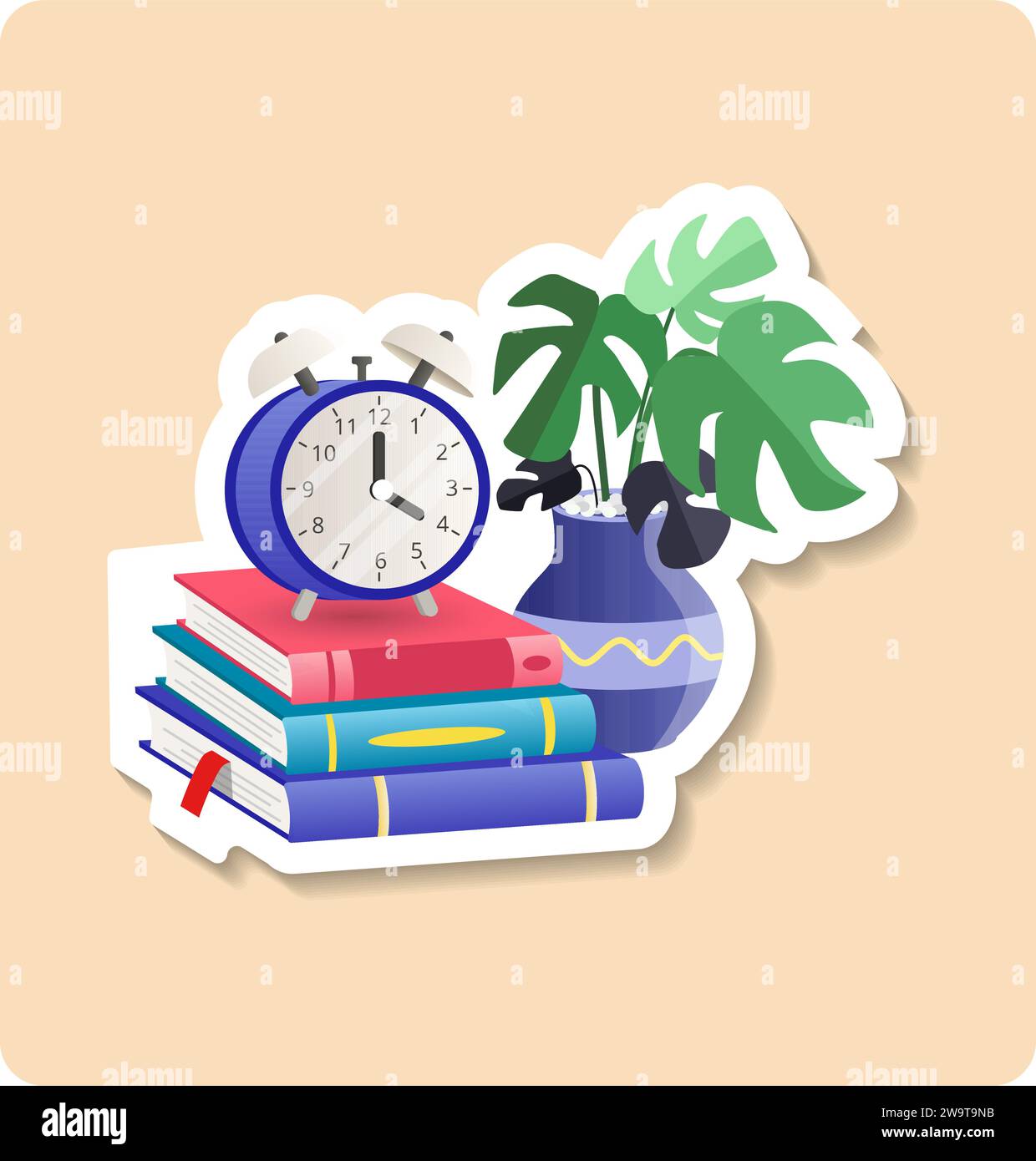 Alarm sticker illustration. Clock, vase, plant, books. Editable vector ...