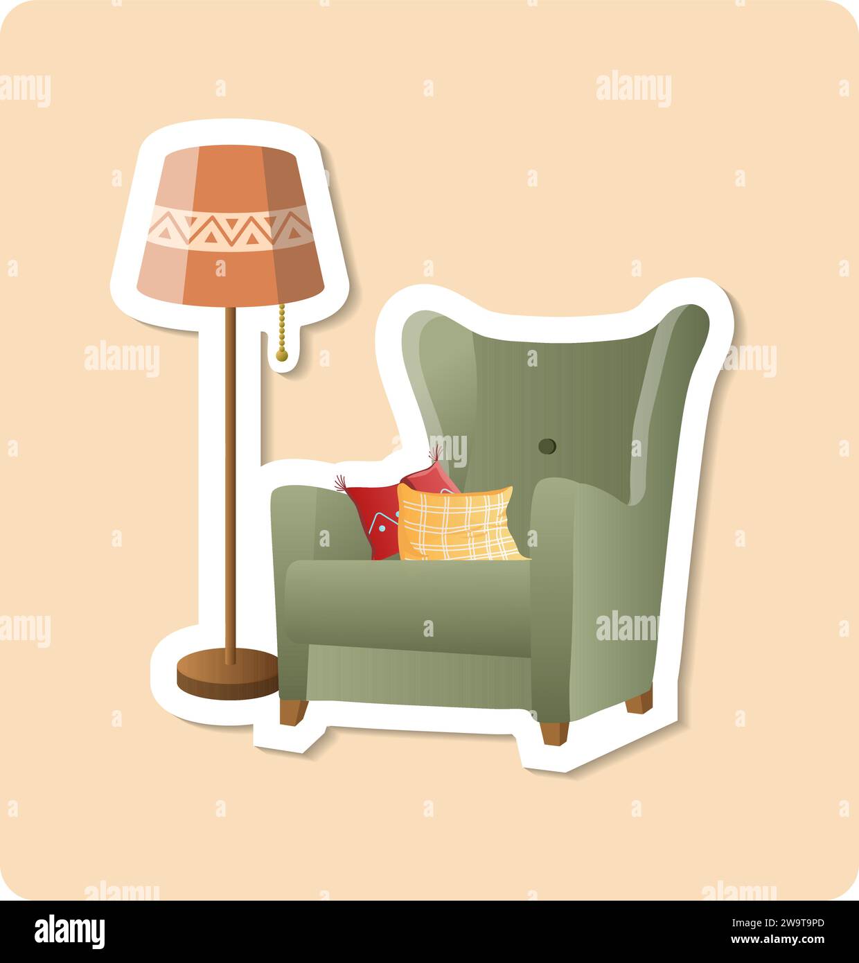Armchair sticker illustration. Lampshade,pillows, torchere, chair ...
