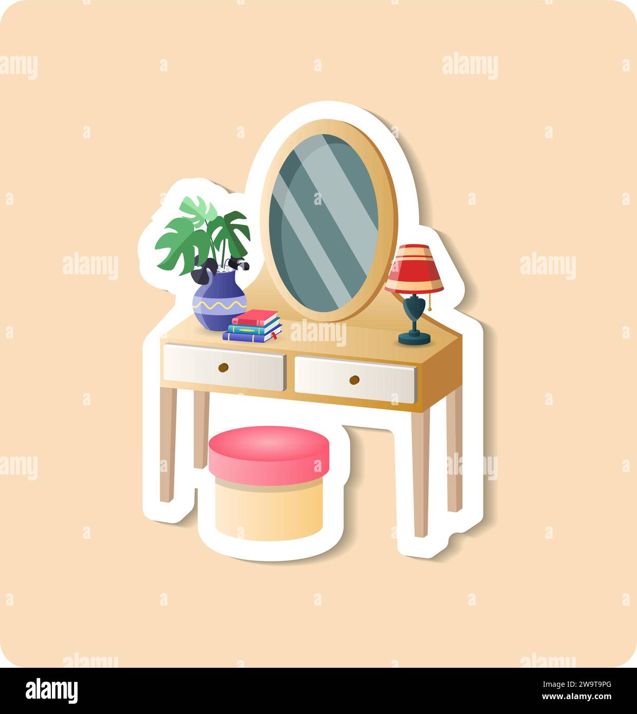 Dressing Table sticker illustration. Mirror, flower, lamp, books ...