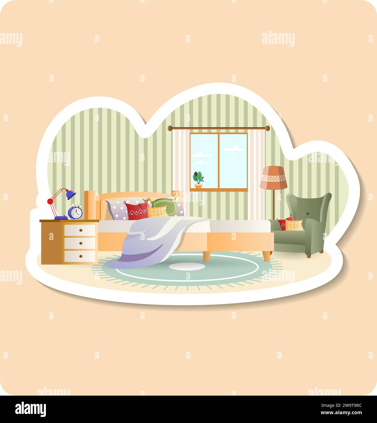 Bedroom sticker illustration. Bed, pedestal, armchair, pillows, lamp ...