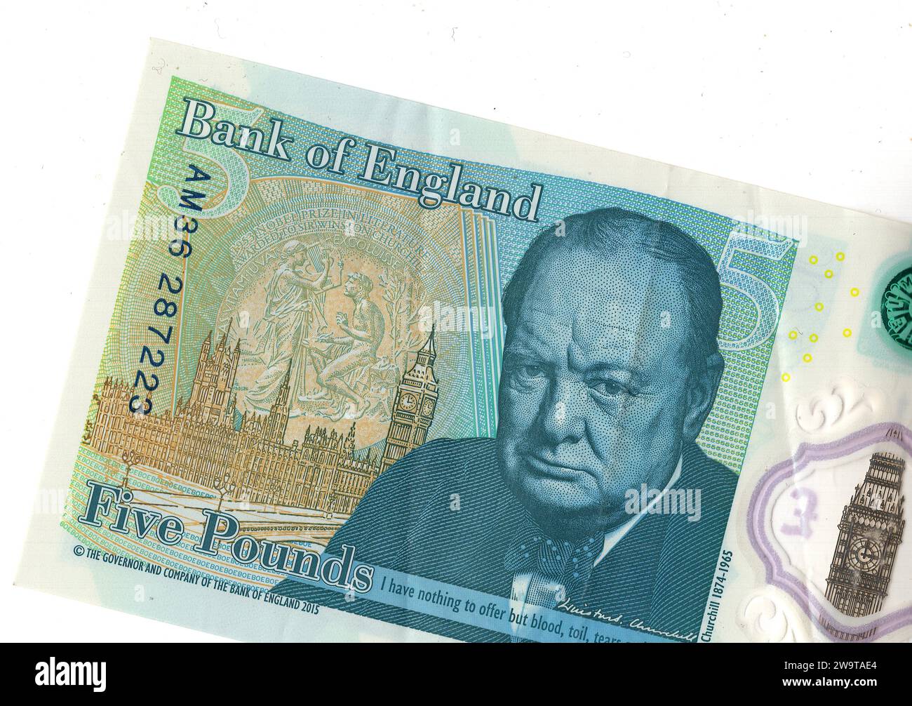 Close up of a five pound note featuring a portrait of Sir Winston ...