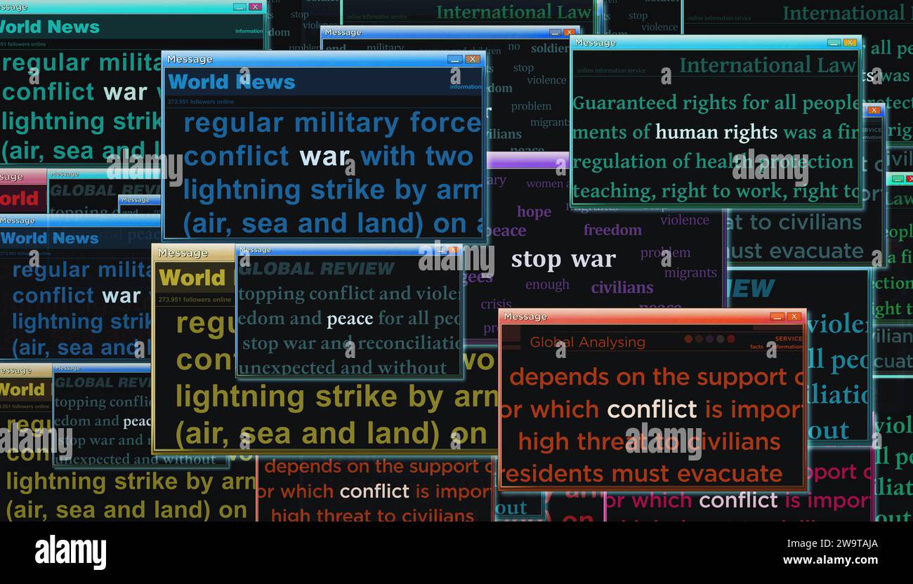 War conflict peace stop and human rights pop up windows on computer ...