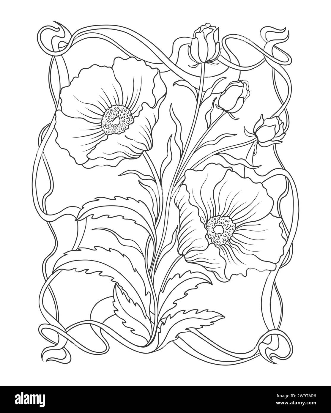 Floral poppy plant in art nouveau 1920-1930. Hand drawn poppy with ...
