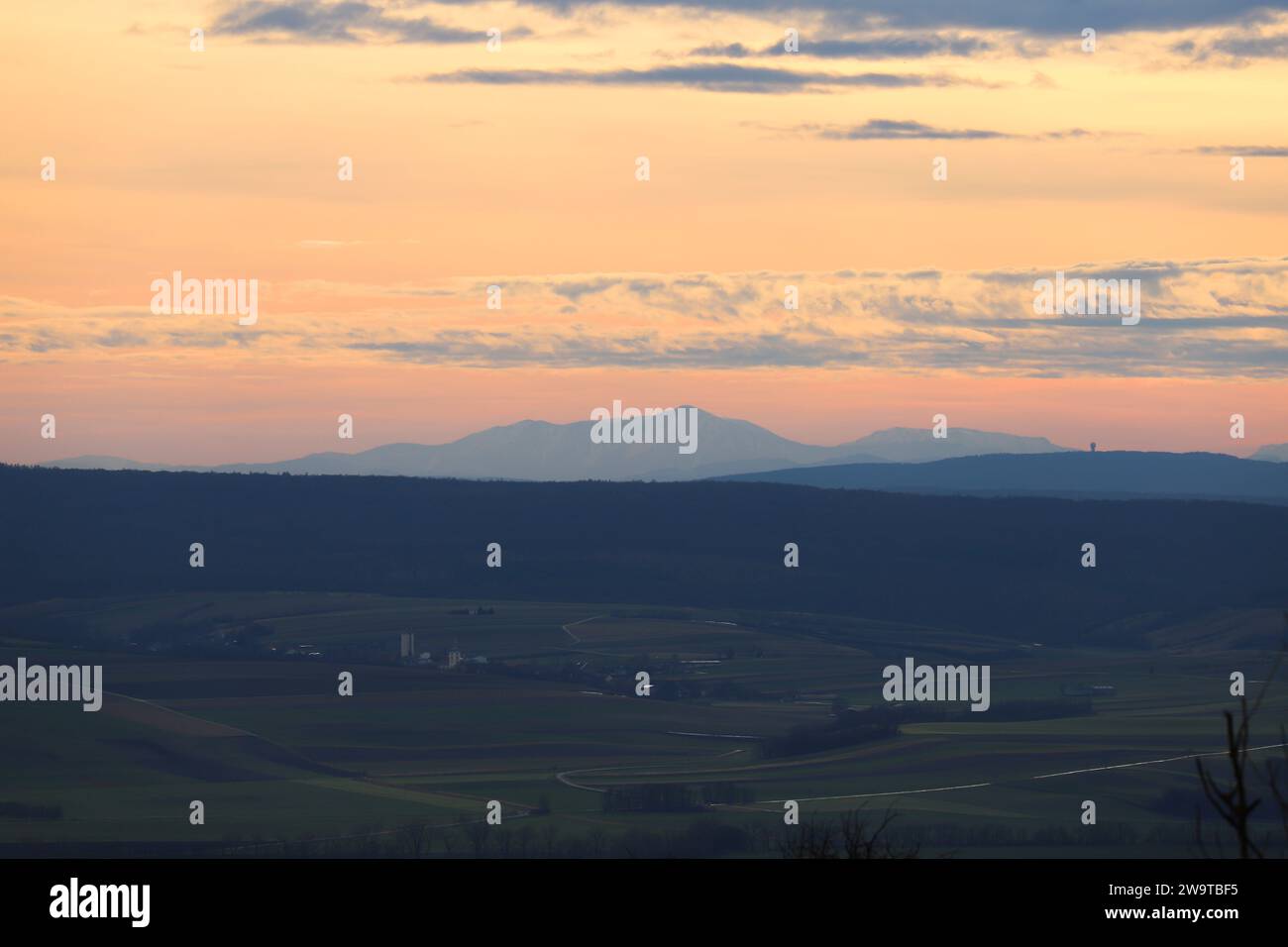 South Moravia landscape around town Mikulov and Pálava hill. Alps seen ...