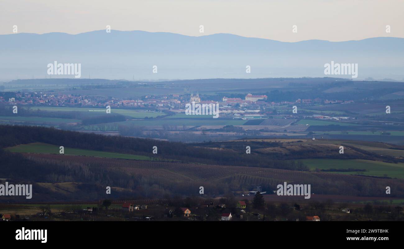 South Moravia landscape around town Mikulov and Pálava hill. Alps seen ...