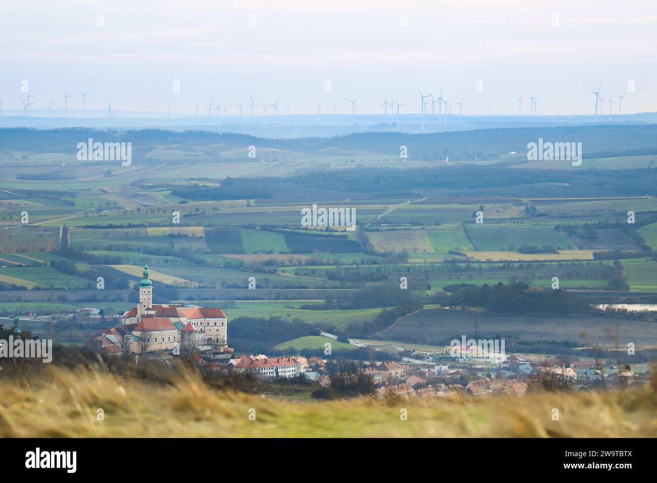 South Moravia landscape around town Mikulov and Pálava hill. Alps seen ...