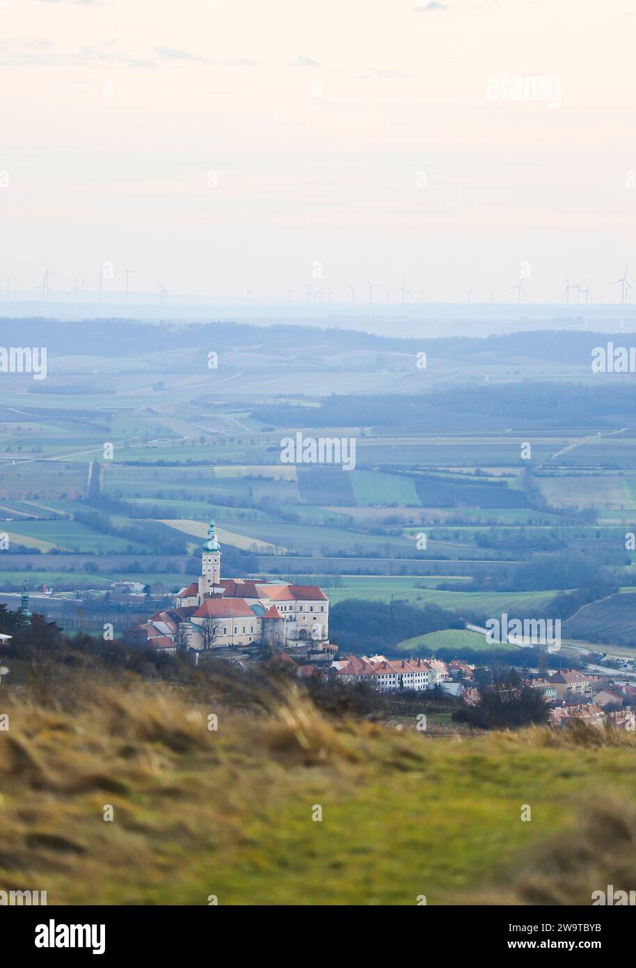 South Moravia landscape around town Mikulov and Pálava hill. Alps seen ...