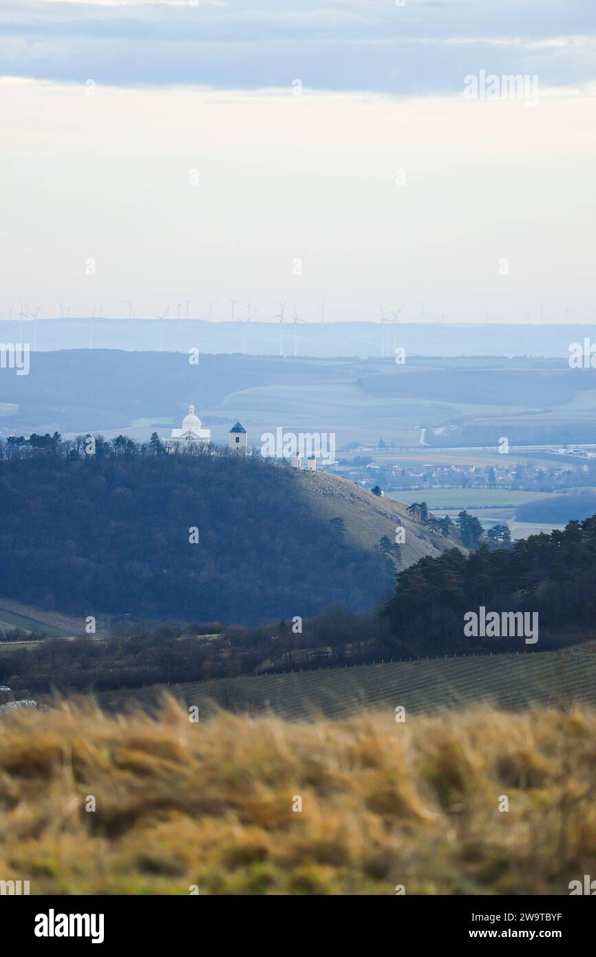 South Moravia landscape around town Mikulov and Pálava hill. Alps seen ...