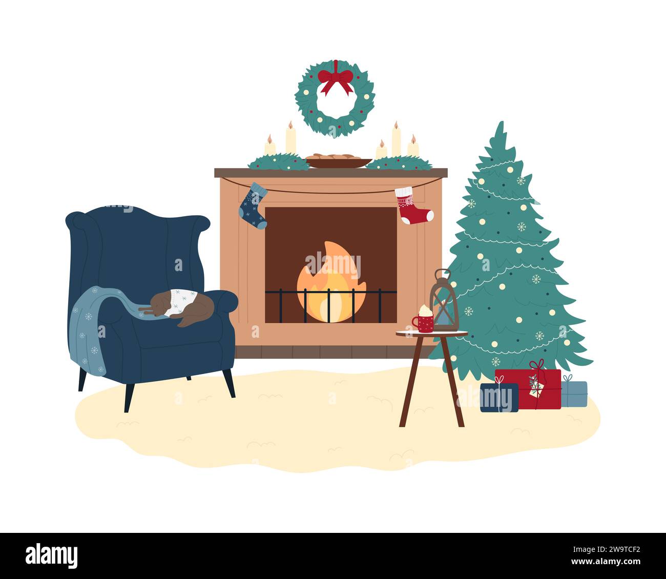 Cozy Christmas fireplace interior. Warm xmas winter atmosphere cartoon ...