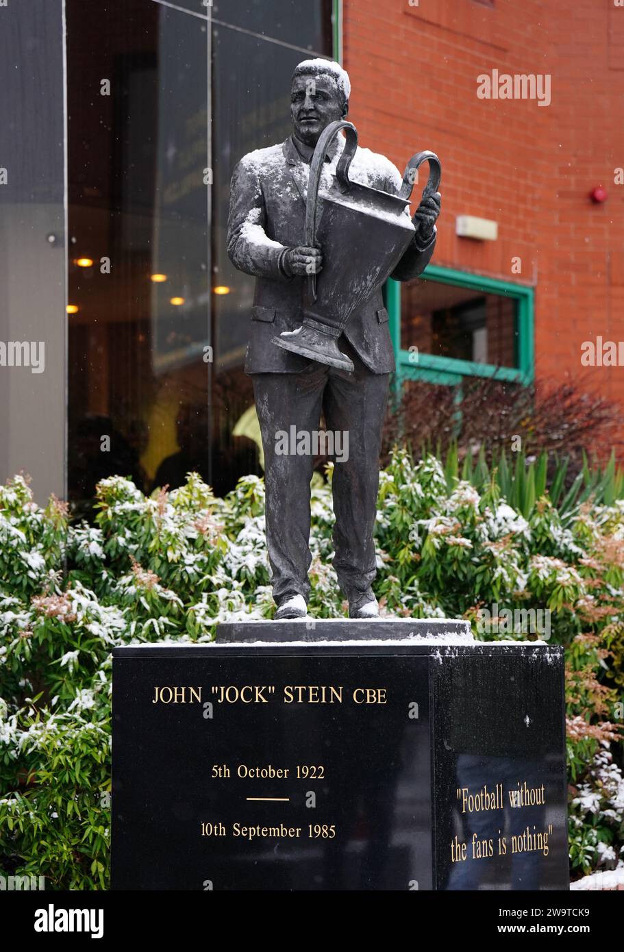 A view of the Jock Stein statue covered with snow before the cinch ...