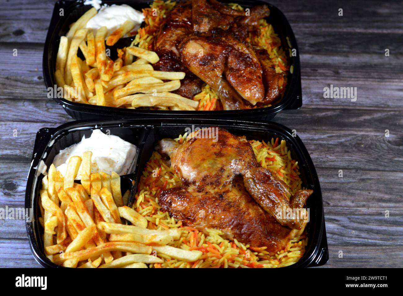 Arabic Syrian cuisine of machine grilled barbecued chicken with ...