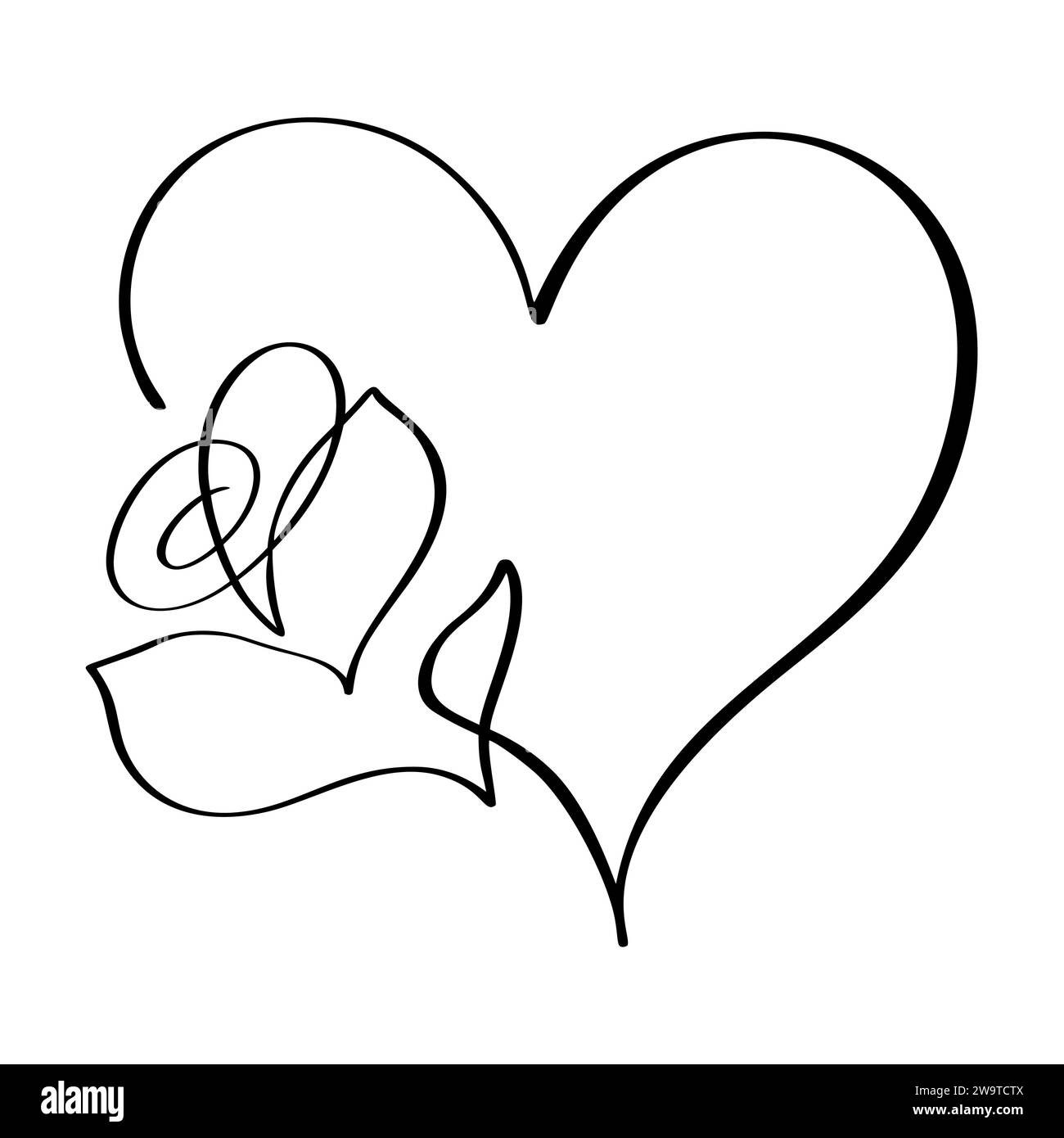 Hand drawn love heart with rose flower vector logo line illustration ...