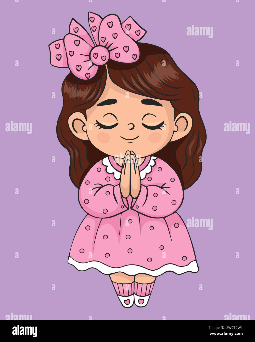 Cute little praying child girl in pink dress with long hair. Vector ...