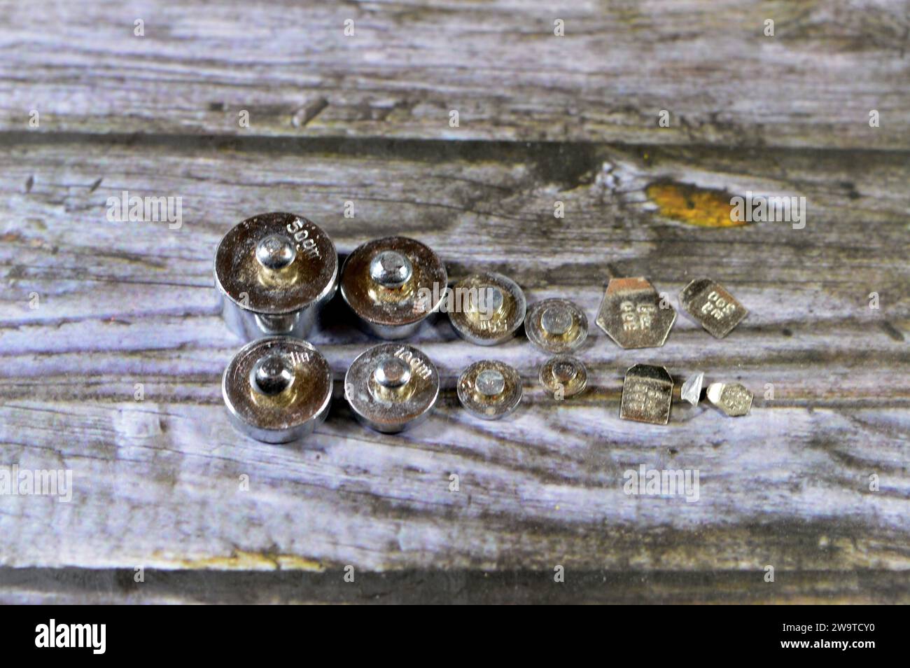 Laboratory weights and masses, used to calibrate scales or balances or ...