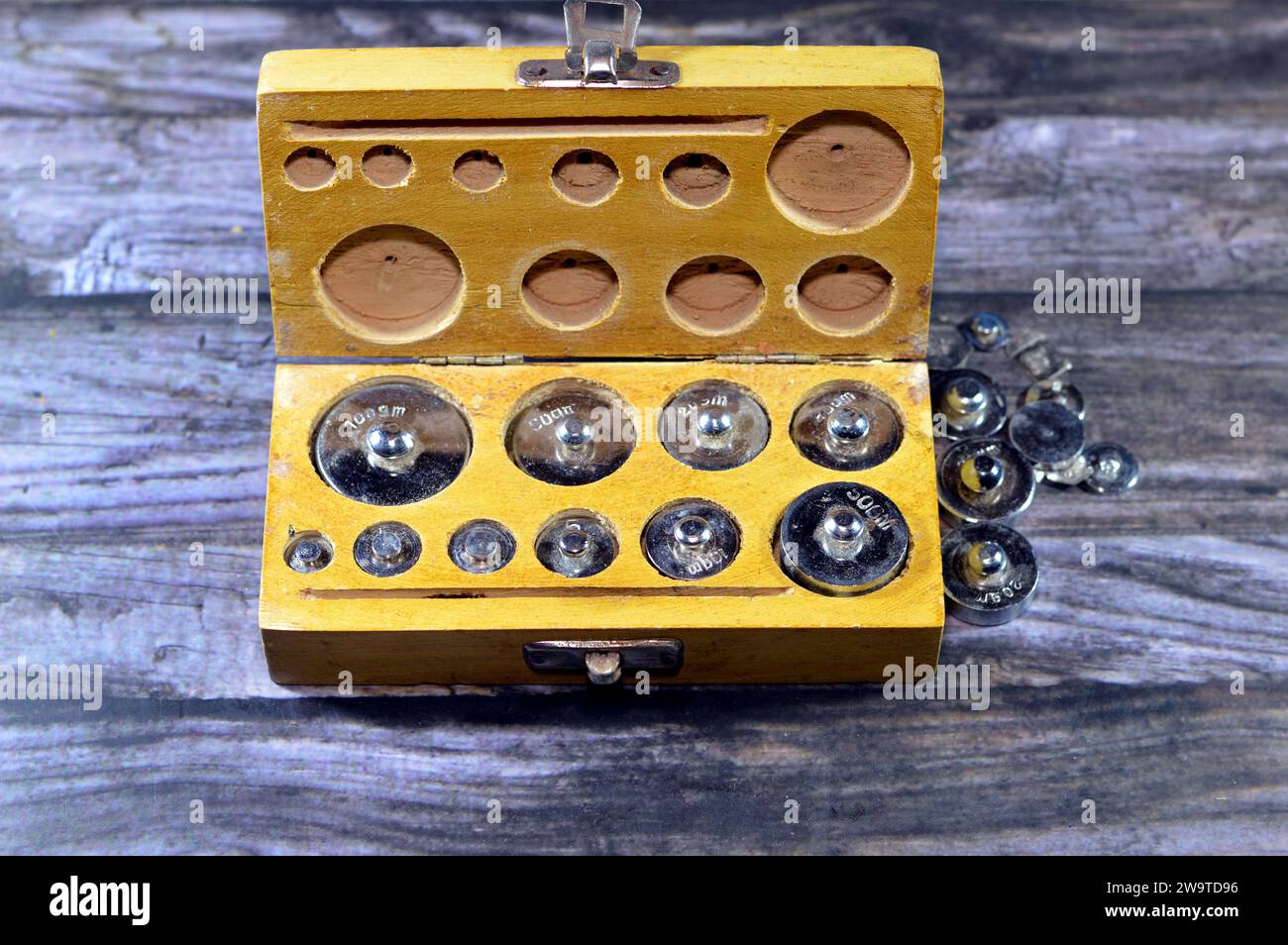 Laboratory weights and masses, used to calibrate scales or balances or ...