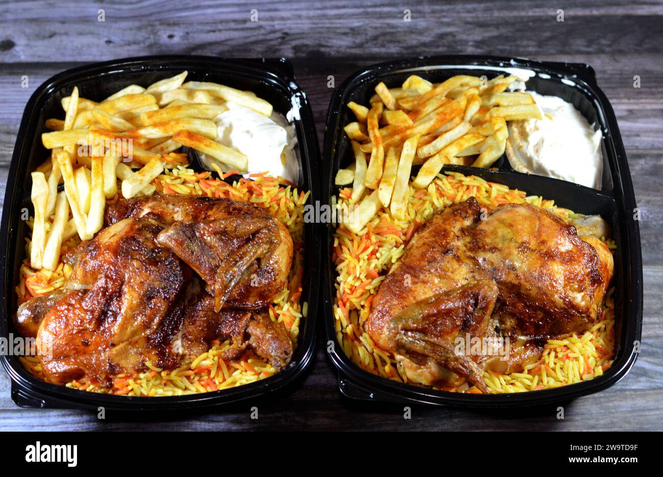 Arabic Syrian cuisine of machine grilled barbecued chicken with ...