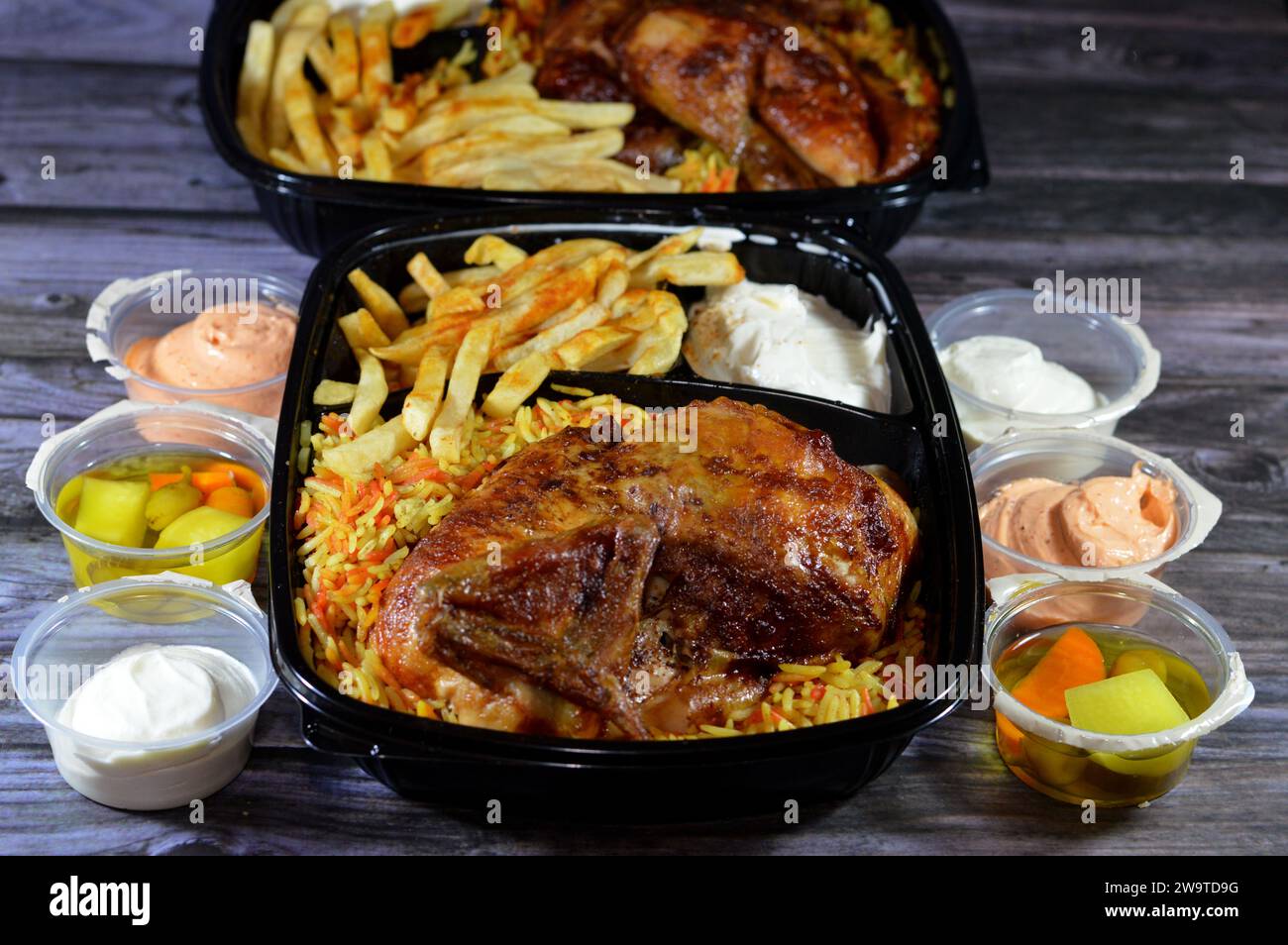 Arabic Syrian cuisine of machine grilled barbecued chicken with ...