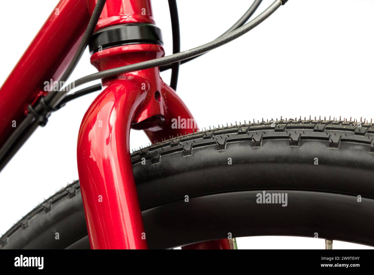 Close-up front part of a red shiny bike with a rigid fork on a white background Stock Photo - Alamy
