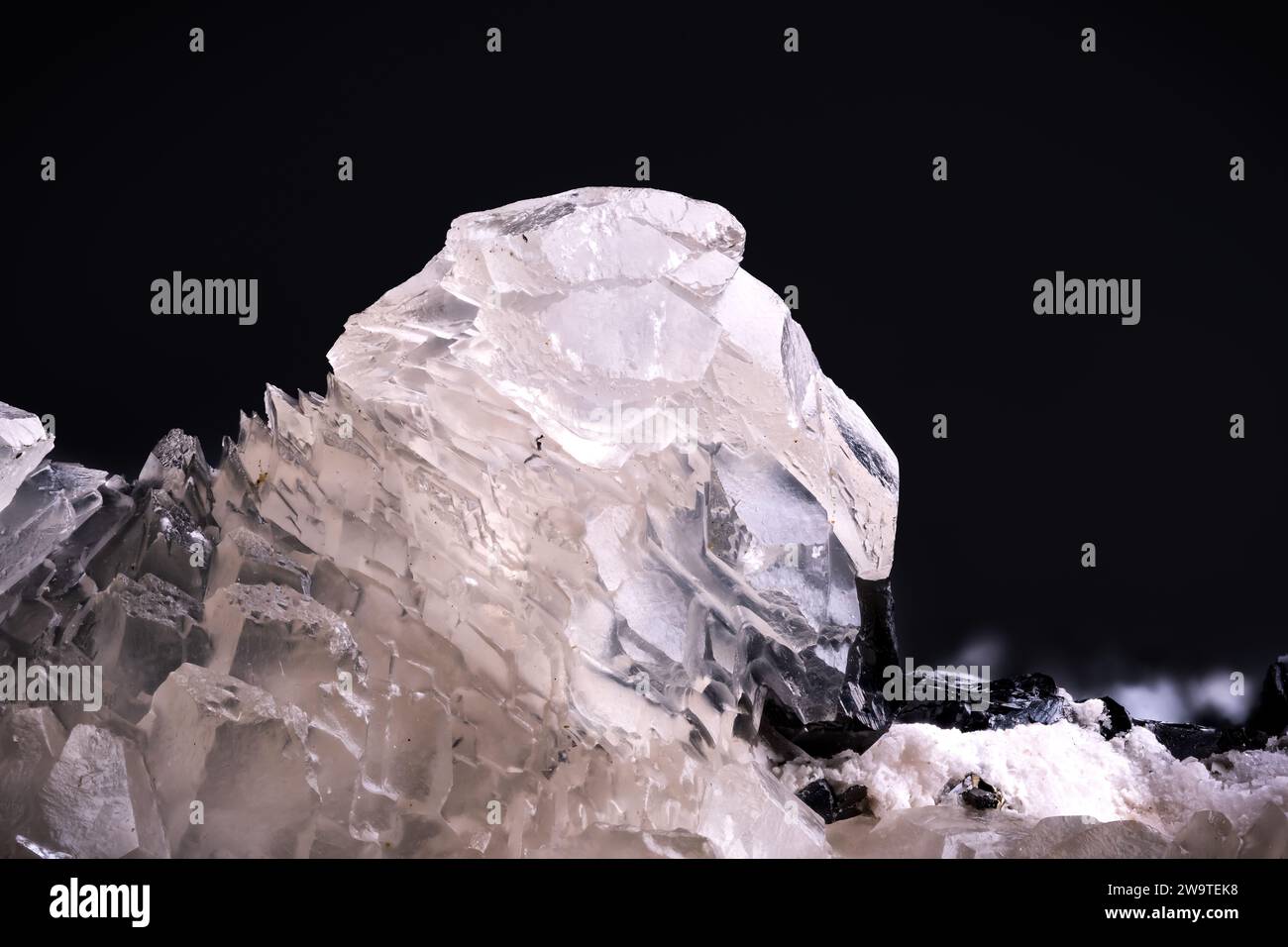 white clear calcite and black Sphalerite. macro detail texture ...