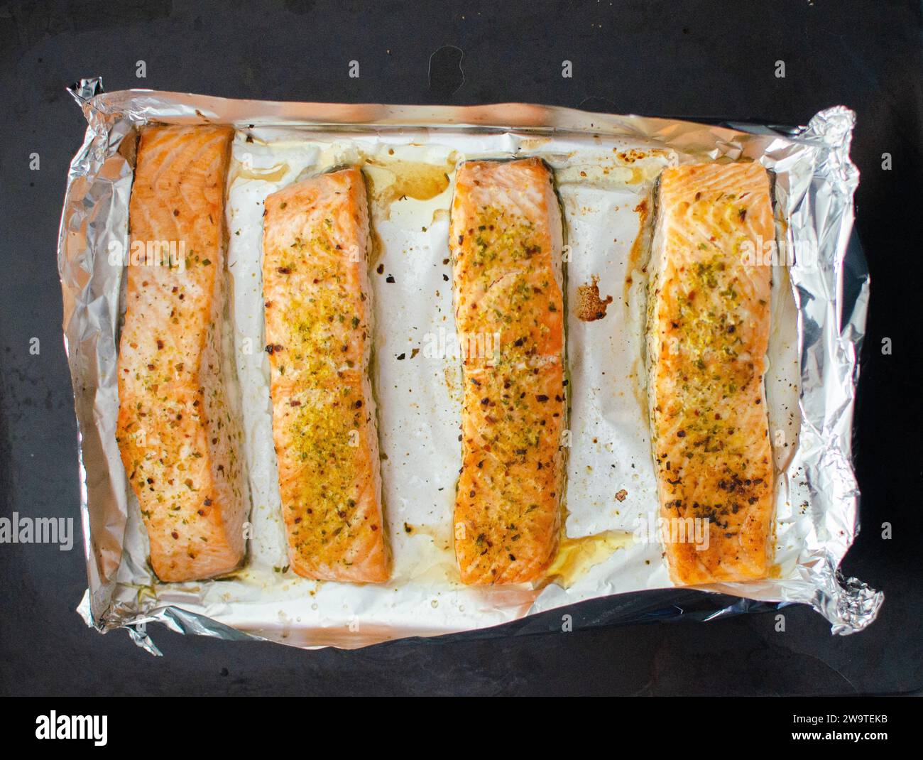 Salmon steaks homemade oven roasted seasoned, fillet with olive oil on ...