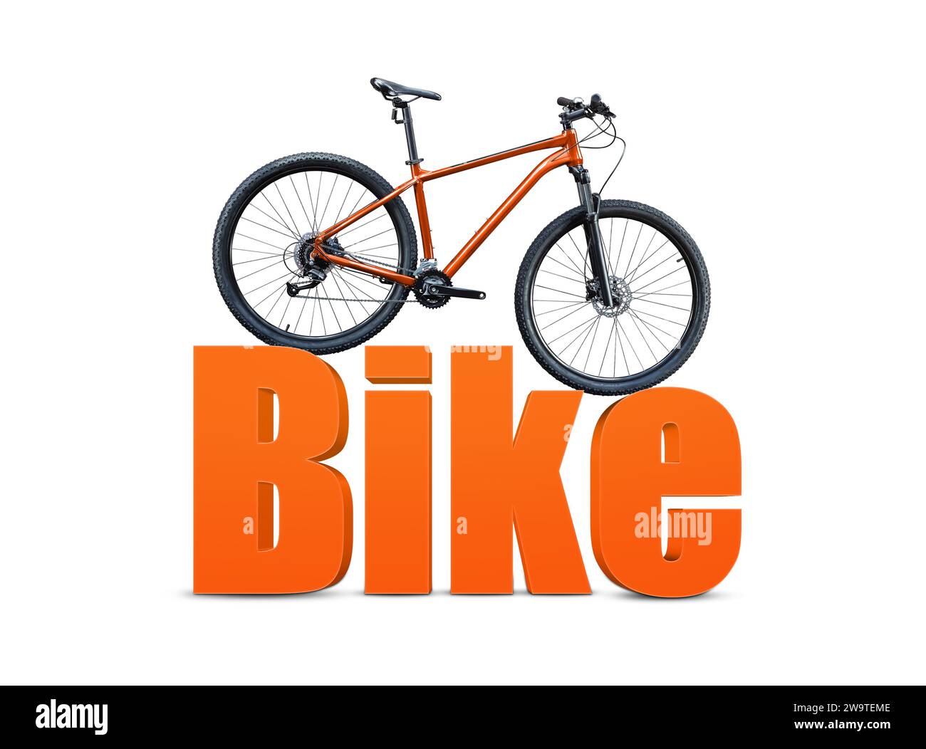 New modern mountain bicycle standing on big 3d-style word BIKE on white background. Bicycle ...