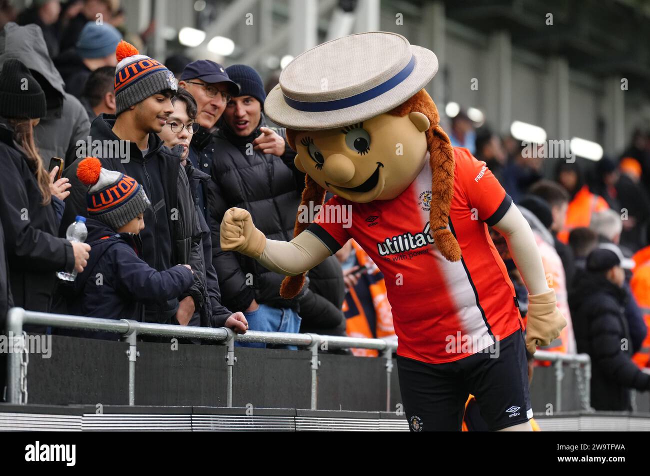 Luton Town mascot Happy Hatty greets fans before the Premier League ...