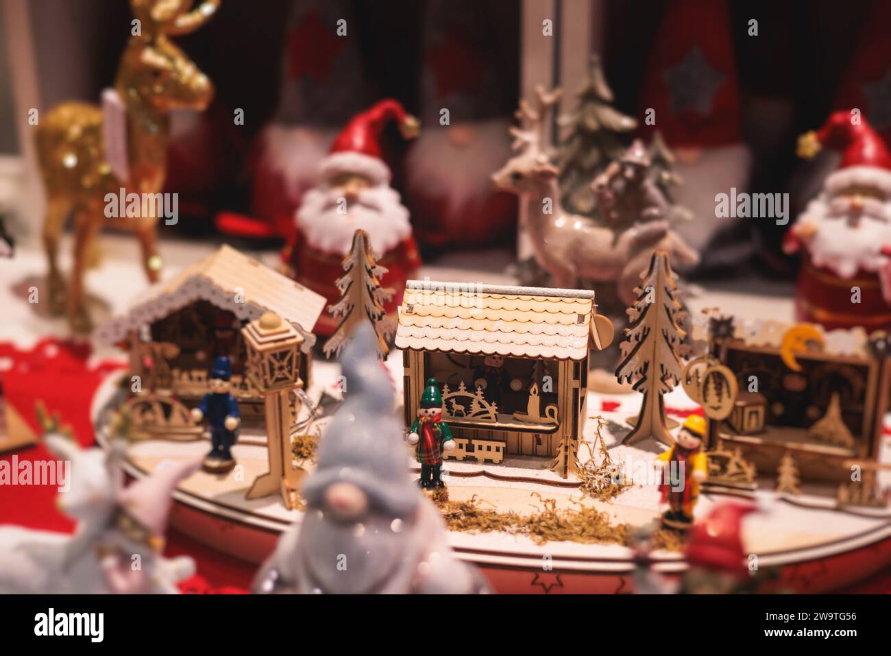 Crowded Christmas market fair with New Year decorations, balloons ...