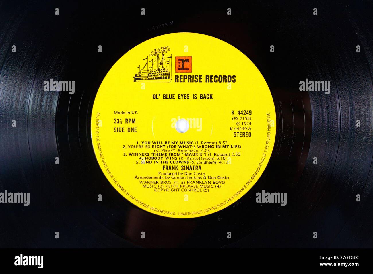 close up of 1973 12 inch vinyl LP record label frank sinatra Ol blue ...