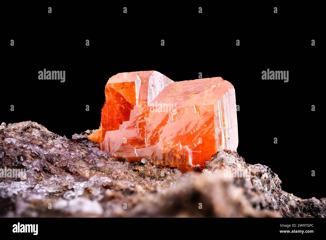 Wulfenite crystal isolated on black background. macro detail close-up ...