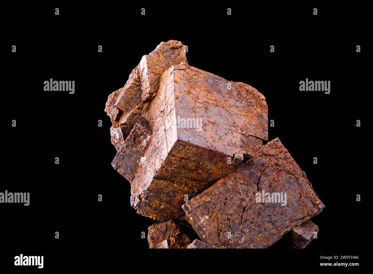 Limonite pseudomorph after Pyrite crystals isolated on black background ...