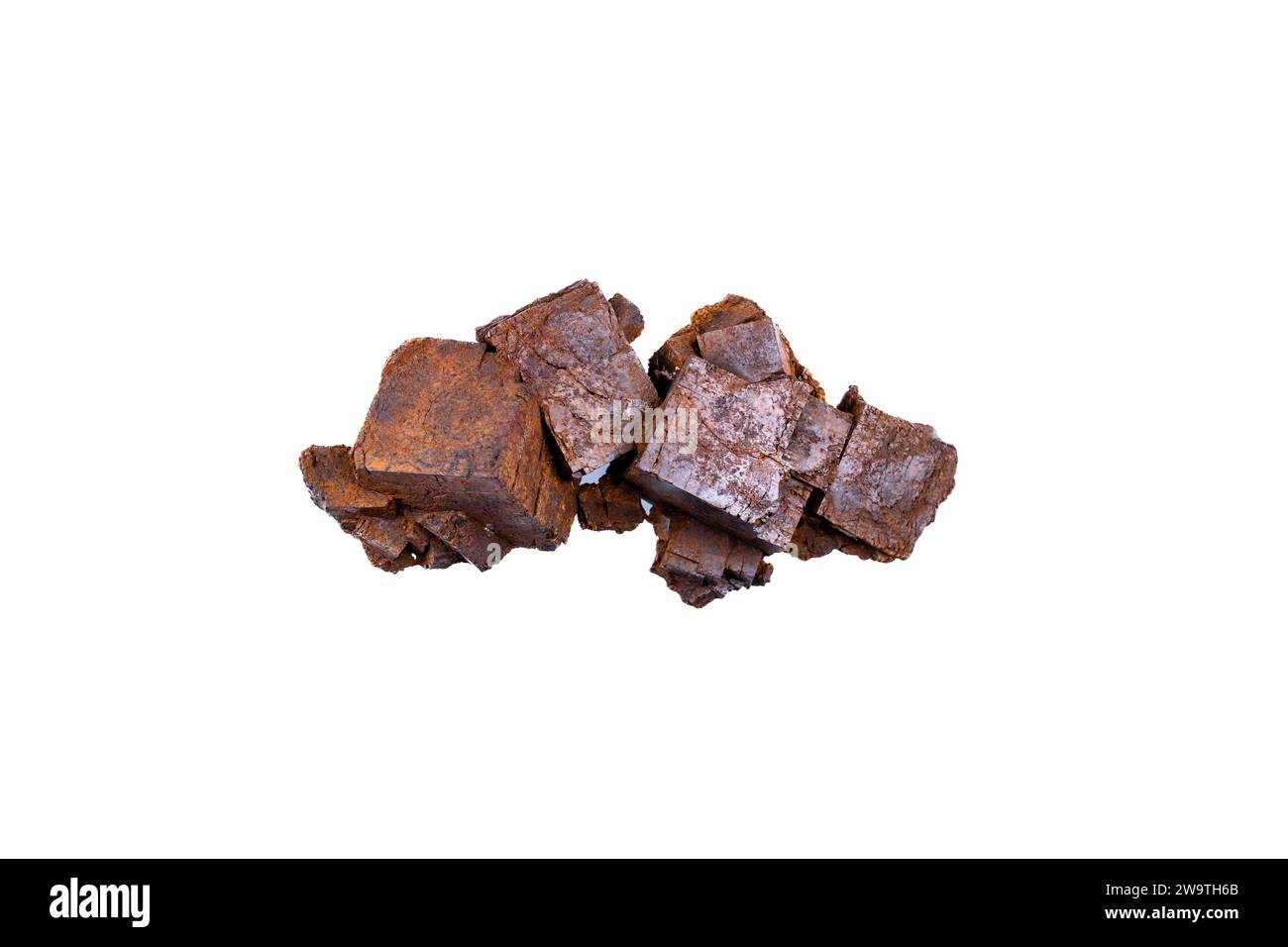 Limonite pseudomorph after Pyrite isolated on white blackground. macro ...
