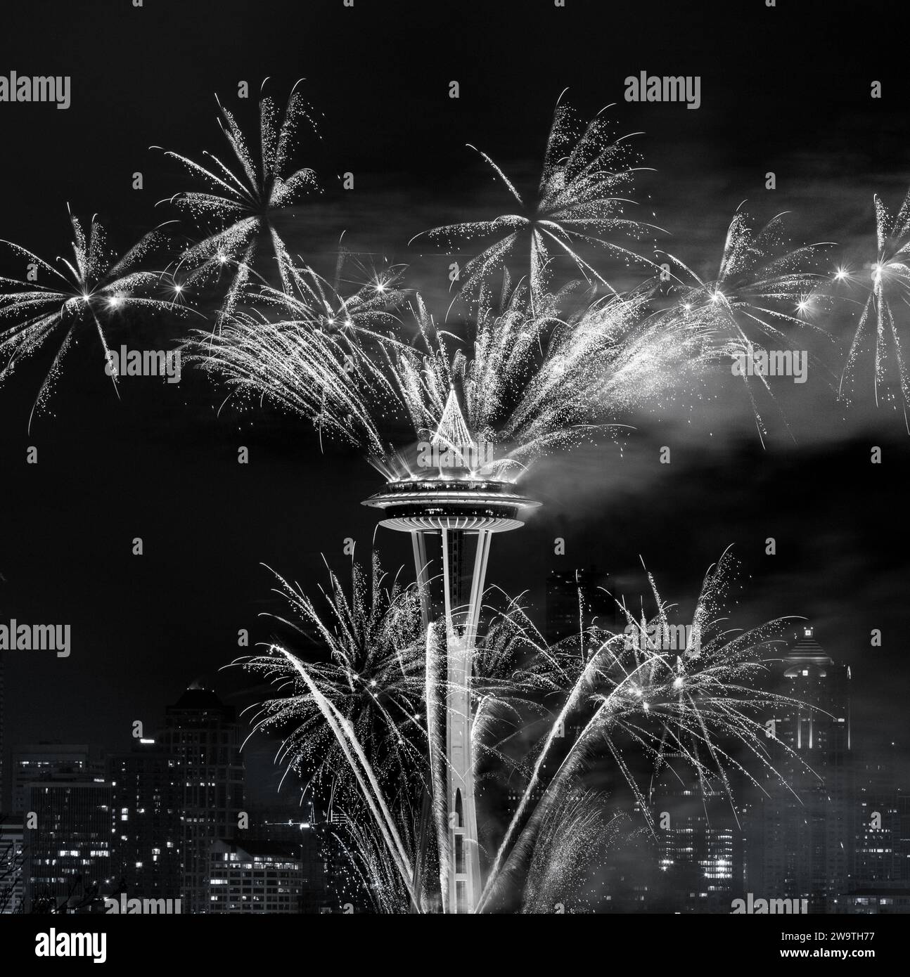 annual new years countdown fireworks at the Space Needle in Seattle ...