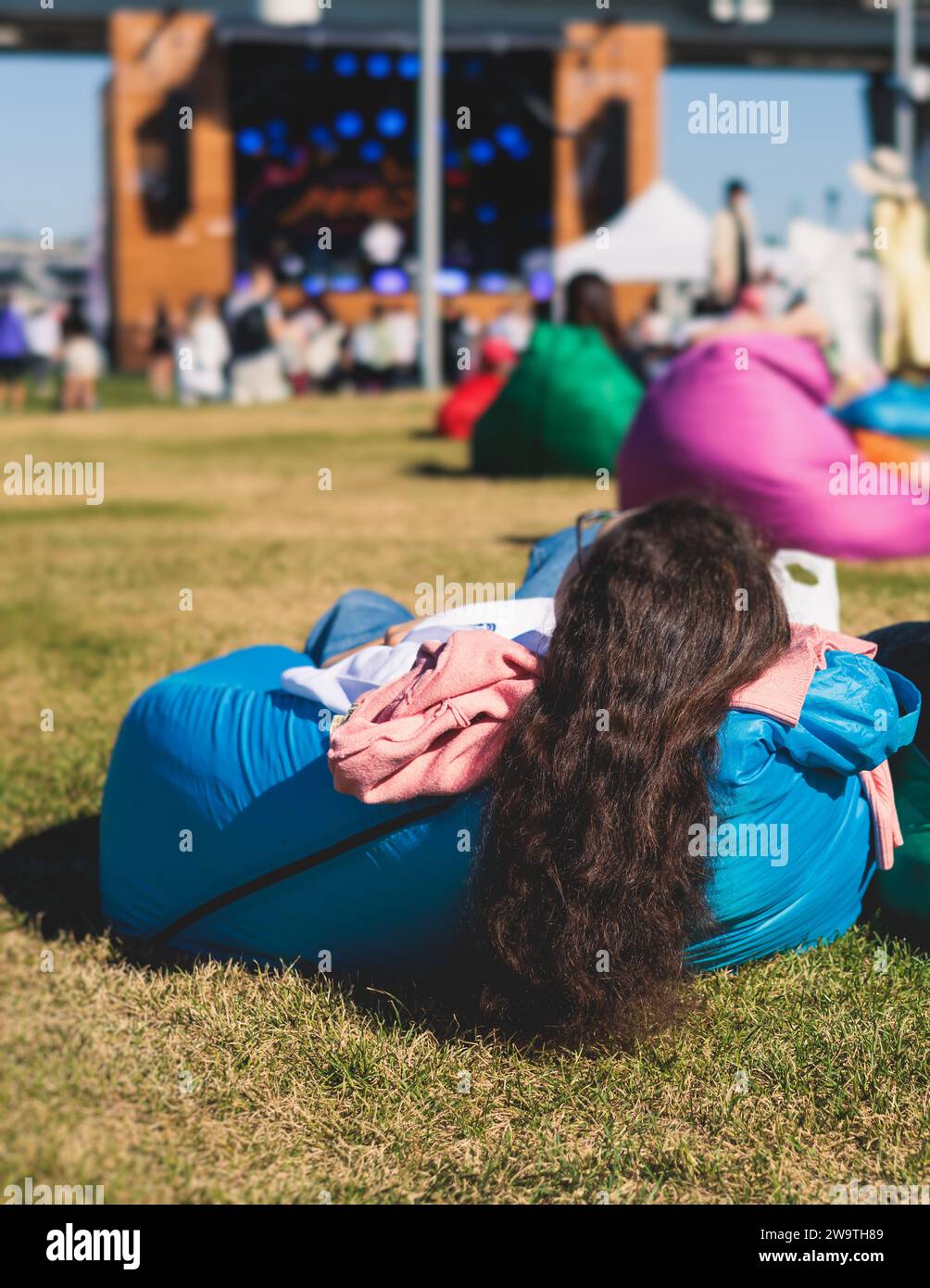 Crowded open air festival concert with musicians band on stage, rock ...