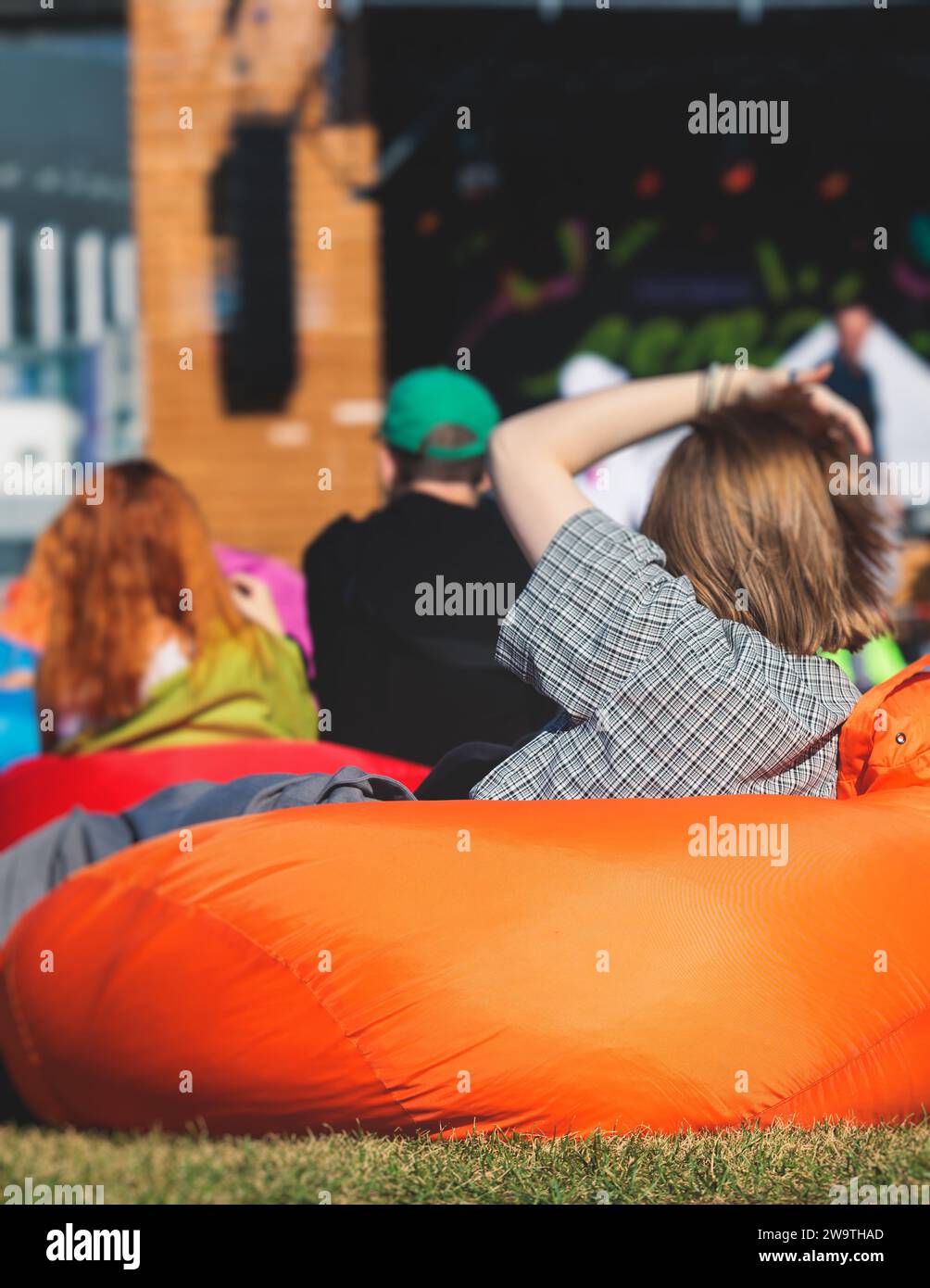 Crowded open air festival concert with musicians band on stage, rock ...