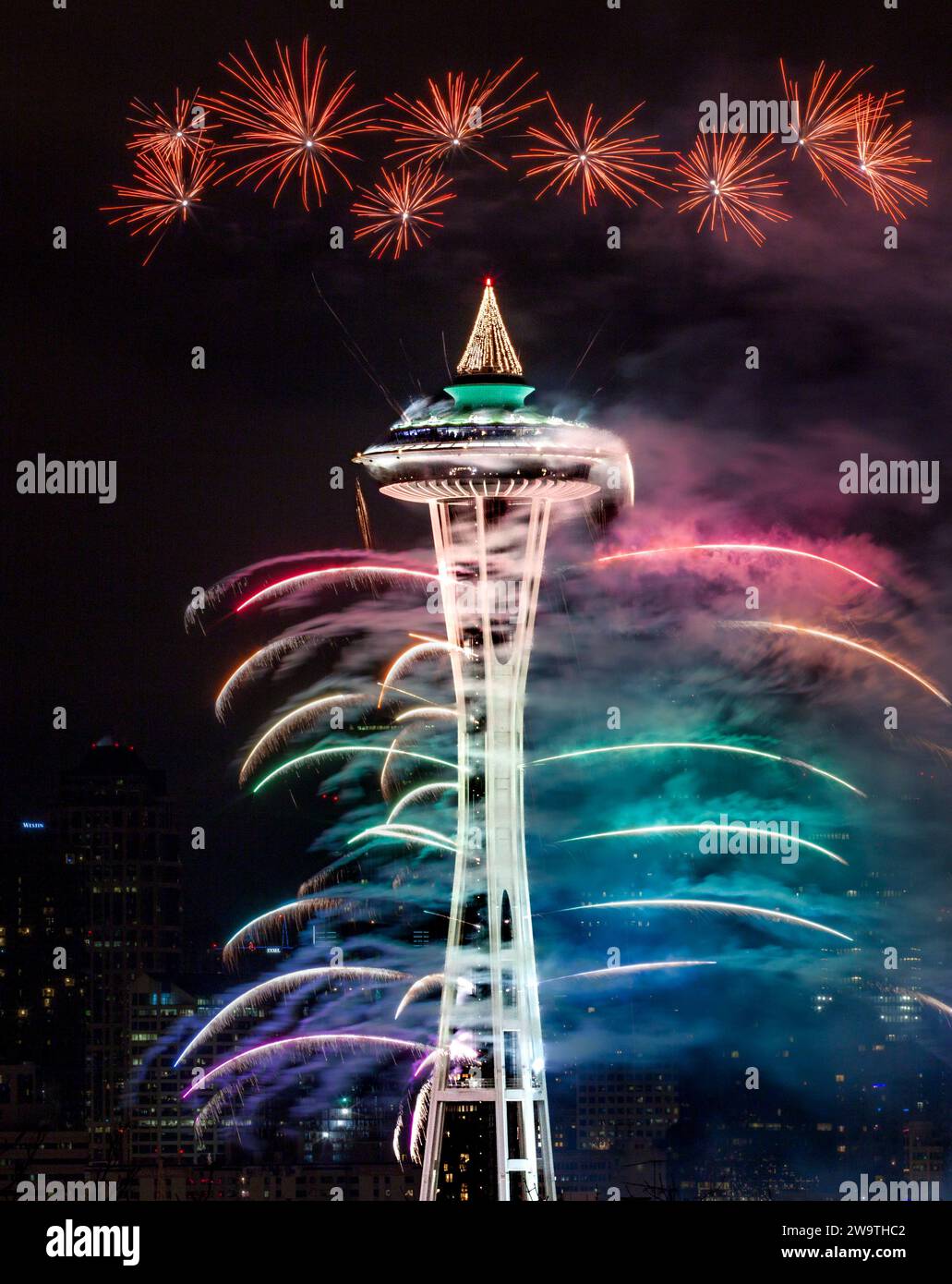 annual new years countdown fireworks at the Space Needle in Seattle ...
