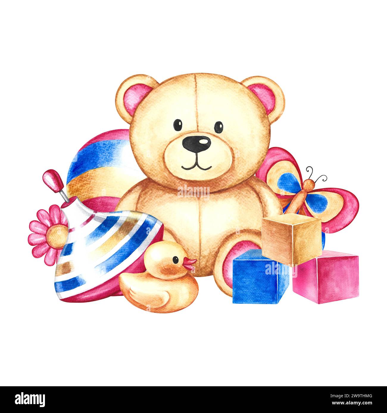 Children's toys, a teddy bear, a ball, a spinning top and cubes ...