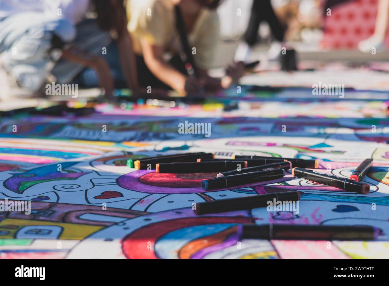 Process of drawing on asphalt and pavement, kids and children with ...