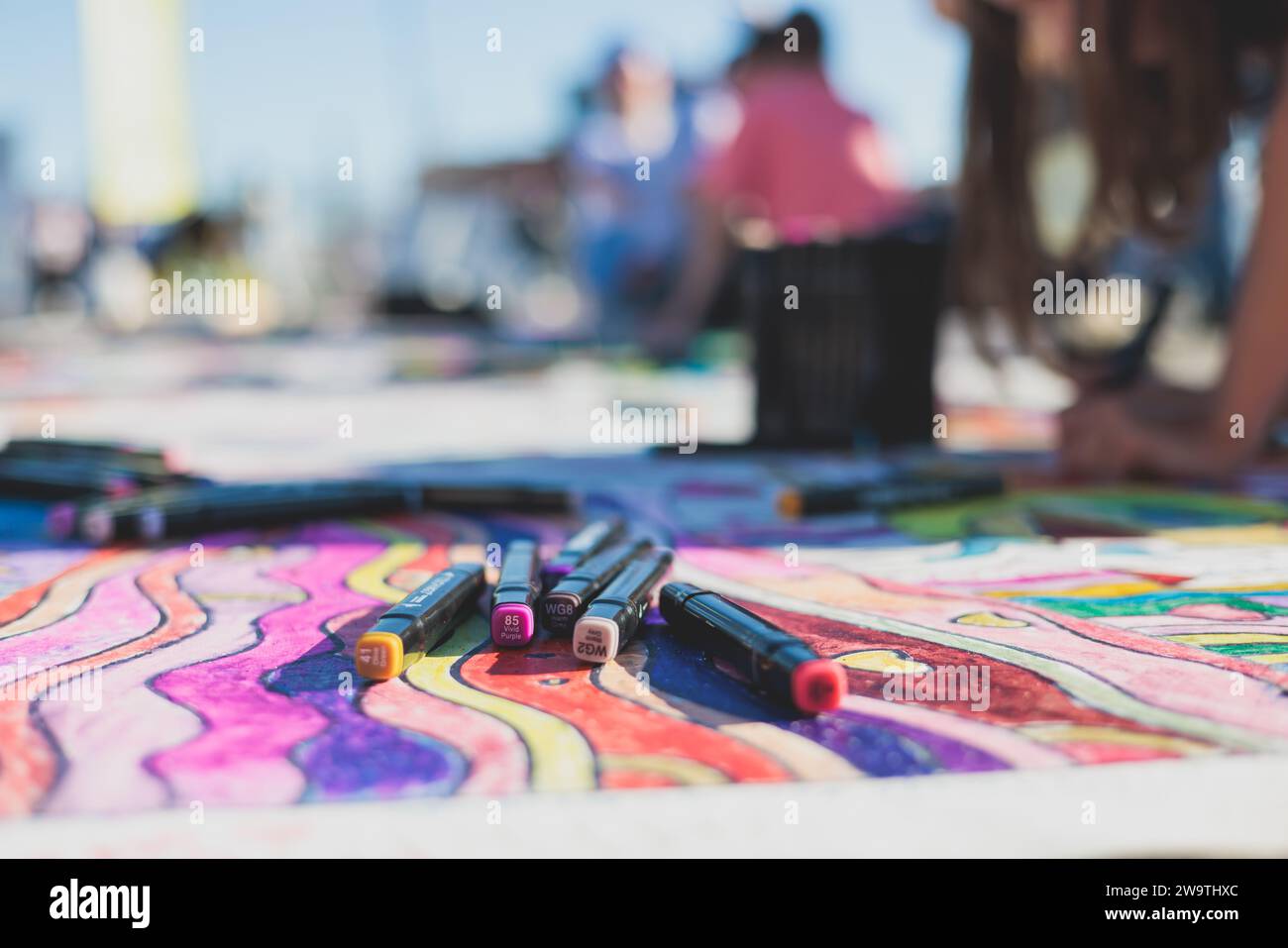 Process of drawing on asphalt and pavement, kids and children with ...