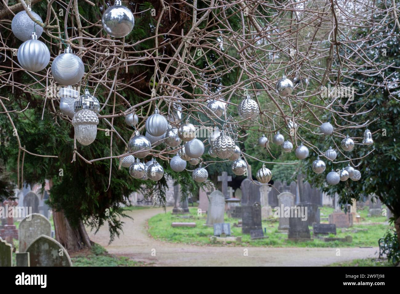 Christmas baubles in Southampton Old Cemetery Stock Photo - Alamy